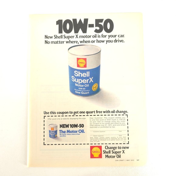 Shell | Art | Vintage Shell Super X W50 Oil Can Collector Print Ad ...